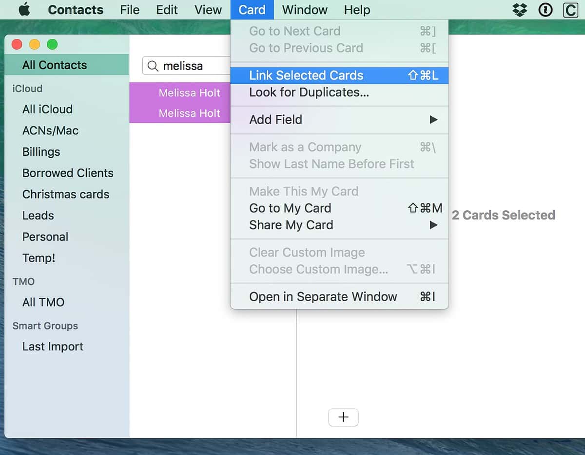 macOS: Linking Contact Cards Together