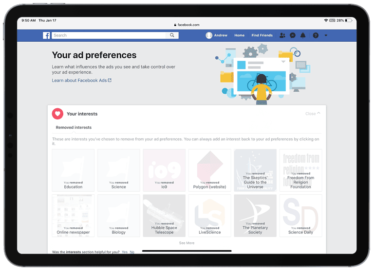 Facebook Ad Preferences Lists User Traits, Interests
