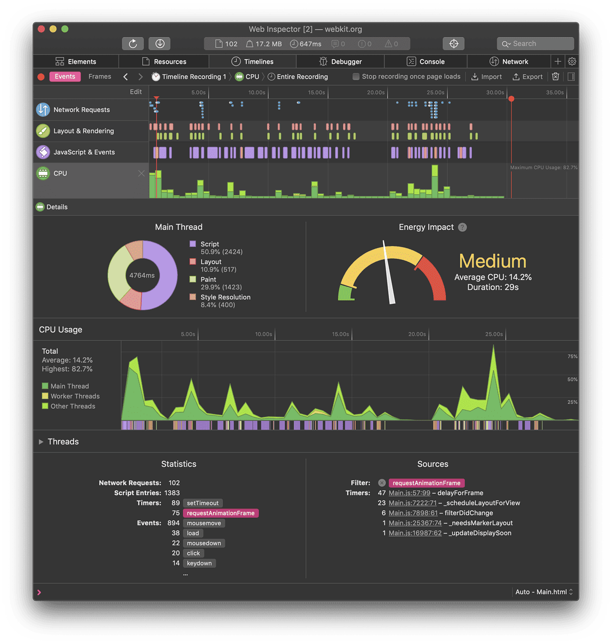 Safari 13 Adds CPU Timeline to Web Inspector