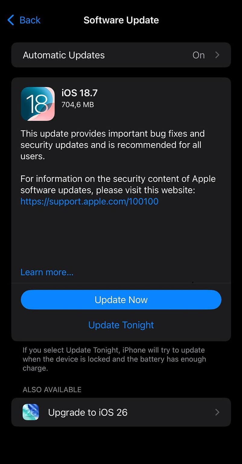 iOS 18.7 for iPhone released as alternative to iOS 26