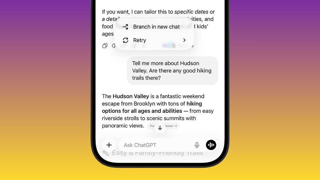 ChatGPT for iOS adds branched chats to split conversations