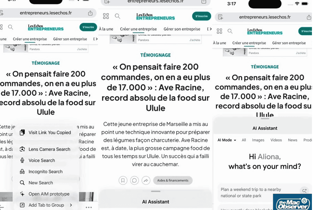Chrome on iOS Tests AI Mode Assistant Panel That Opens Over Webpages