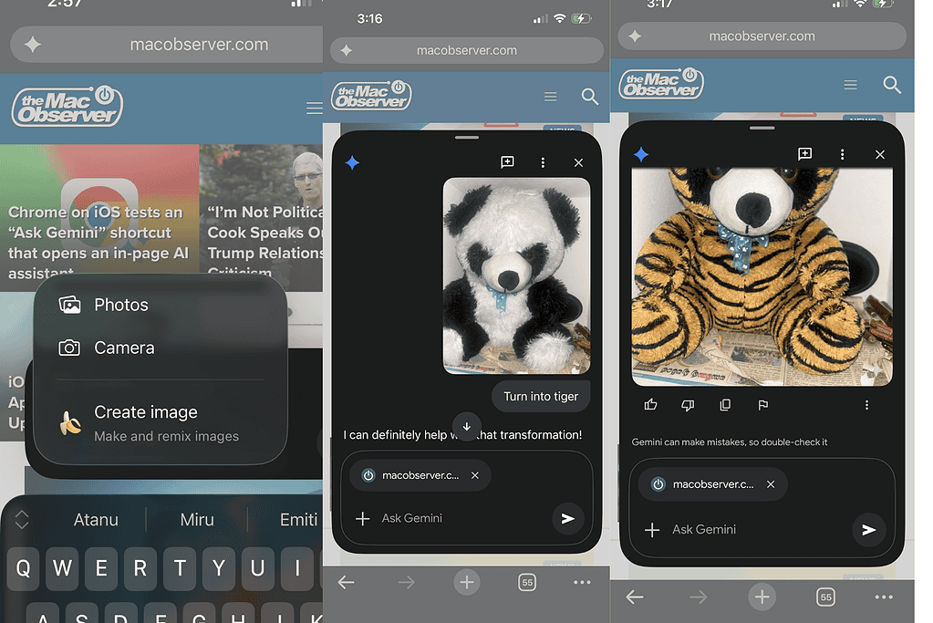 Chrome on iPhone tests Gemini image remix for photos and camera